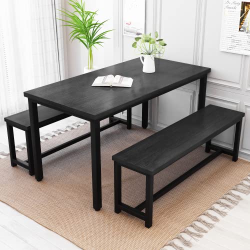 Recaceik Dining Table Set, Rectangular Dining Table and Chairs for 4, Modern Wood Bench Dining Room Table Set Kitchen Table Set with Two Benches & Metal Frame for Kitchen, Restaurant (Black)