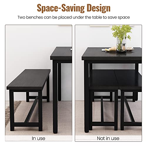 Recaceik Dining Table Set, Rectangular Dining Table and Chairs for 4, Modern Wood Bench Dining Room Table Set Kitchen Table Set with Two Benches & Metal Frame for Kitchen, Restaurant (Black)