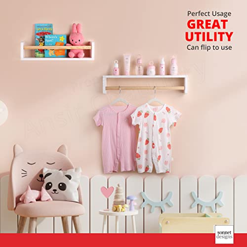 Sonnet Designs Floating Nursery Book Shelves for Wall 3 Pack White Nursery Wall Mount Bookshelf for Kids Room Toddlers Toys Wood Book Shelf Usable in Home, Kitchen, Bathroom, Floating Wall Ledge