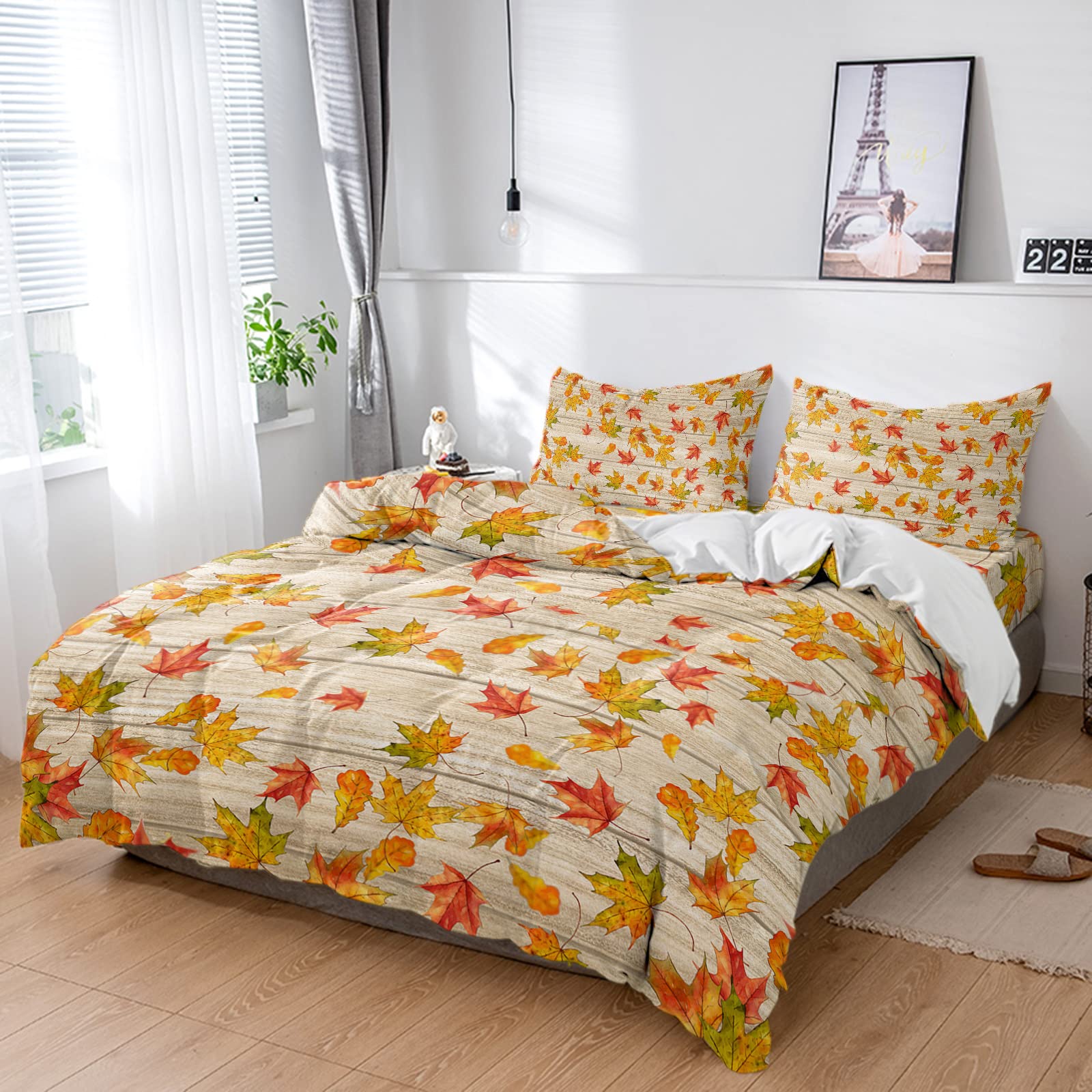 Orange Fall Maple Leaf Farm Wood Grain Thanksgiving Duvet Cover Sets 4 Piece California King Ultra Soft Bed Quilt Cover Set for Kids/Teens/Women/Men,Autumn Leaves Bedding Collection All Season Use