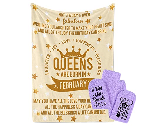 Personalized Birthday Gift Baskets for Her - Women Birthday Gift Ideas, Bday Gift for Women - Queens are Born in February - Flannel Throw Blanket & Socks - Mom, BFFs, Grandma, Aunt - 50"x 65"