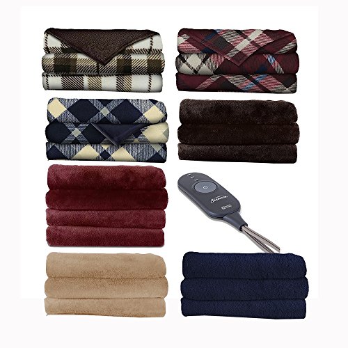 Sunbeam Navy Herringbone Microplush Heated Throw