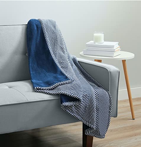 Sunbeam Navy Herringbone Microplush Heated Throw