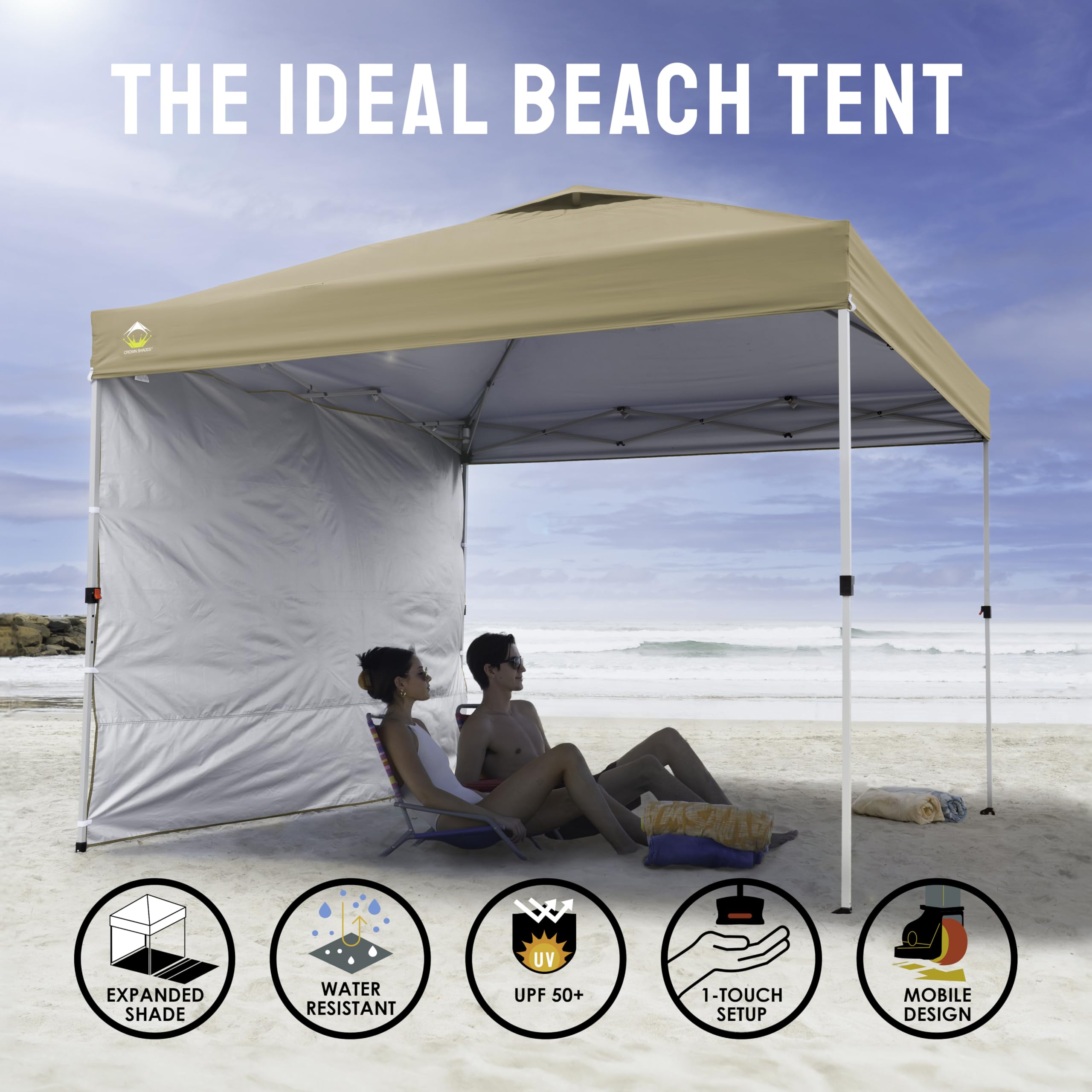 CROWN SHADES 10x10 Pop Up Canopy with 1 Side Wall - Beach Tent with One Push Setup - Outdoor Sun Shade for Events, Parties, Camping - Gazebo with STO-N-Go Cover Bag (Beige)