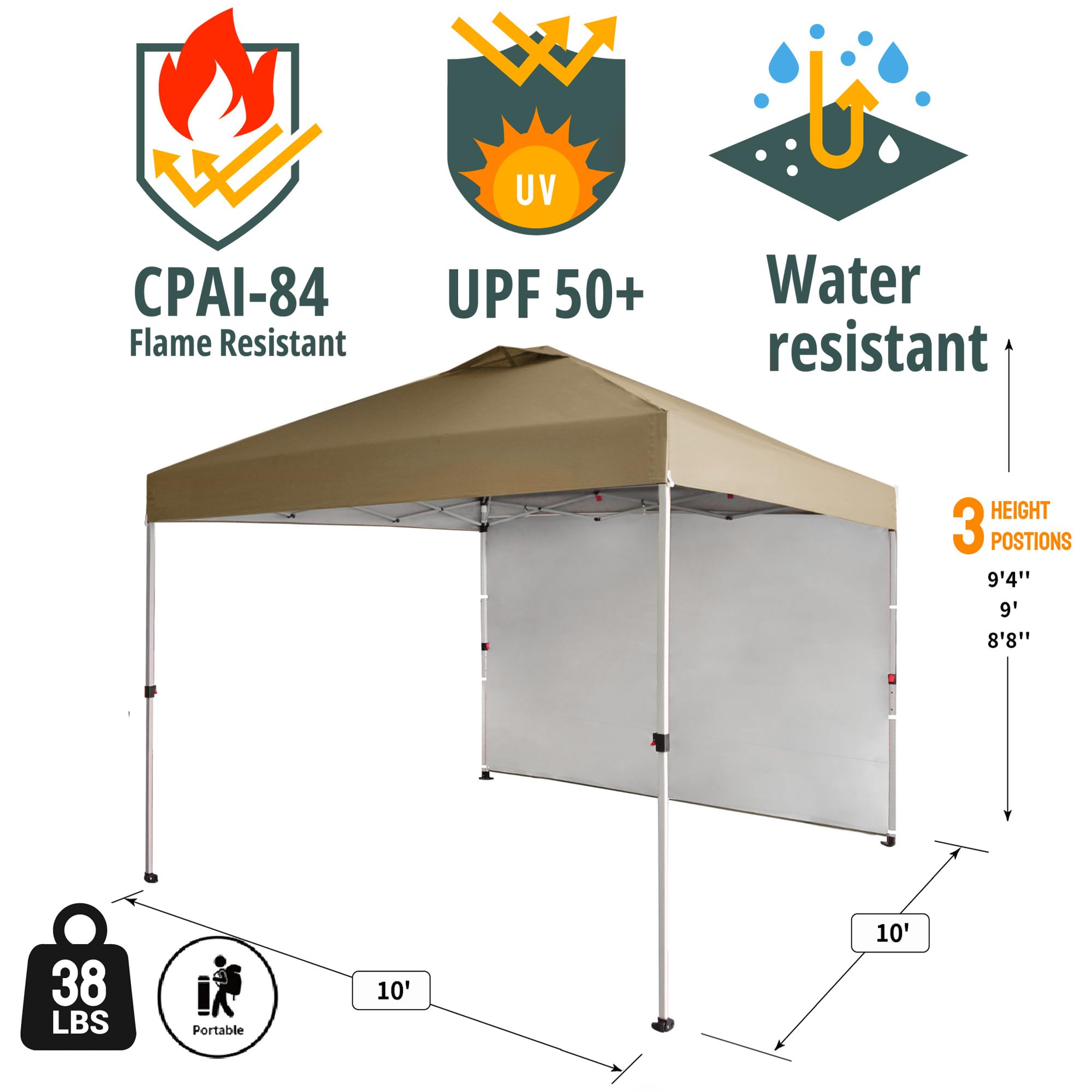 CROWN SHADES 10x10 Pop Up Canopy with 1 Side Wall - Beach Tent with One Push Setup - Outdoor Sun Shade for Events, Parties, Camping - Gazebo with STO-N-Go Cover Bag (Beige)