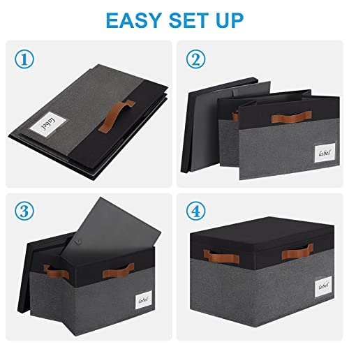 PFFVRP Large Storage Bins with Lids, Foldable Fabric Storage Baskets with Lids, Sturdy Storage Boxes with Labels and 3 PU Handles for Closet Home Bedroom Office (26L, 3 Packs, Grey&Black)