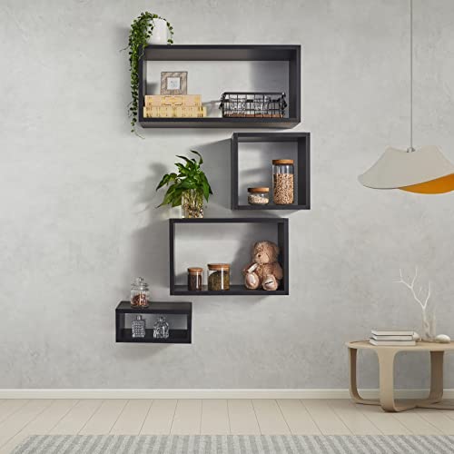 Kaboon Wall Mount Shelf Set of 4, Black Shelves for Space Discovery Home and Commercial Use, Large Size Shelves Set, Black