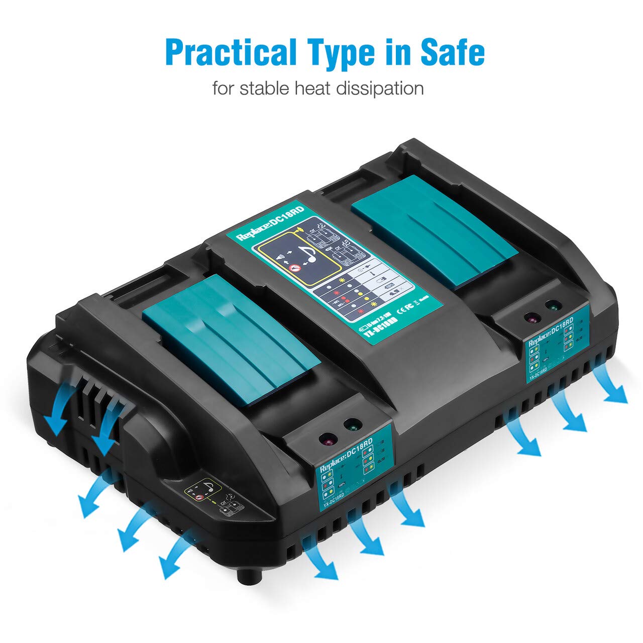 Powerextra DC18RD Dual Charger Compatible with Makita 14.4V 18V Lithium-Ion Battery, BL1415 BL1430 BL1440 BL1840 BL1850 BL1850B BL1860B etc, Replace DC18RD DC18RC DC18SF DC18RA DC18RF