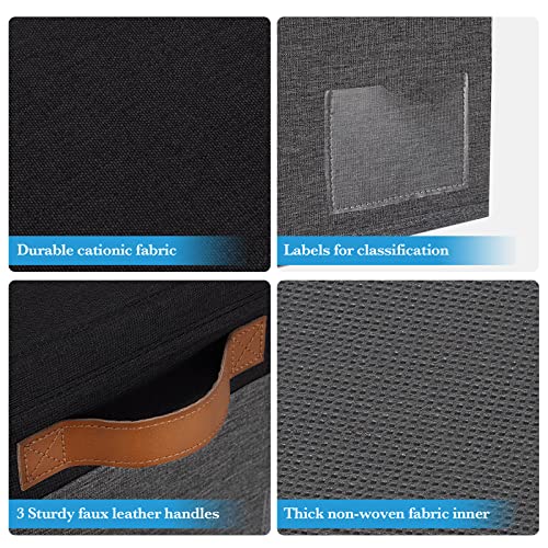 PFFVRP Large Storage Bins with Lids, Foldable Fabric Storage Baskets with Lids, Sturdy Storage Boxes with Labels and 3 PU Handles for Closet Home Bedroom Office (26L, 3 Packs, Grey&Black)