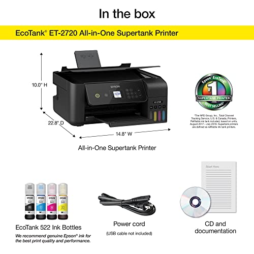 Epson EcoTank ET-2720 All-in-One Supertank Wireless Color Inkjet Printer for Home Office, Black - Print Scan Copy - 10.5 ppm, 5760 x 1440 dpi, Voice Activated, Borderless Photo Printing, Ethernet