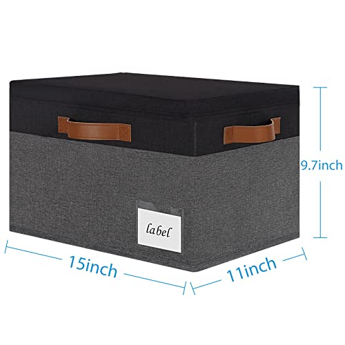 PFFVRP Large Storage Bins with Lids, Foldable Fabric Storage Baskets with Lids, Sturdy Storage Boxes with Labels and 3 PU Handles for Closet Home Bedroom Office (26L, 3 Packs, Grey&Black)