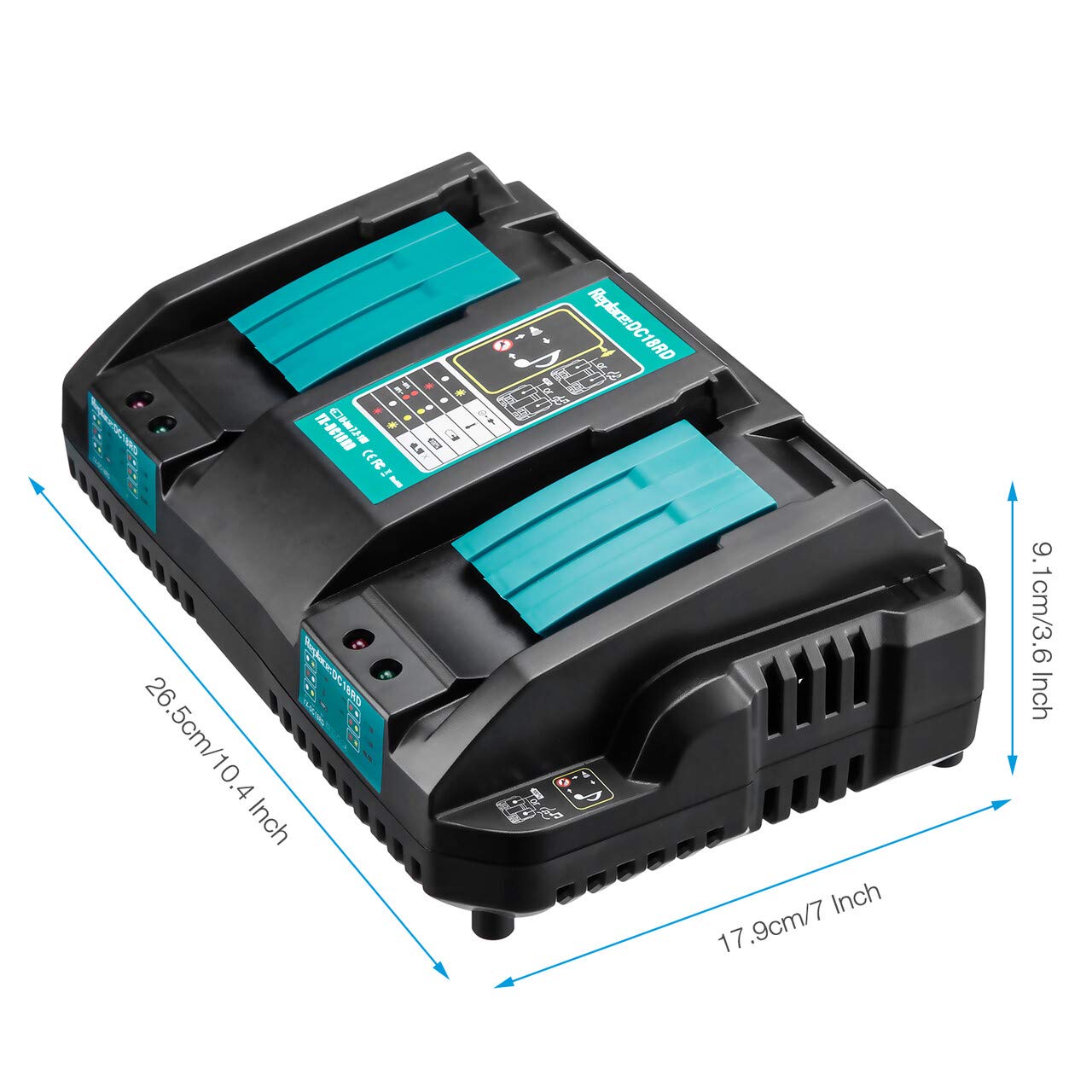 Powerextra DC18RD Dual Charger Compatible with Makita 14.4V 18V Lithium-Ion Battery, BL1415 BL1430 BL1440 BL1840 BL1850 BL1850B BL1860B etc, Replace DC18RD DC18RC DC18SF DC18RA DC18RF
