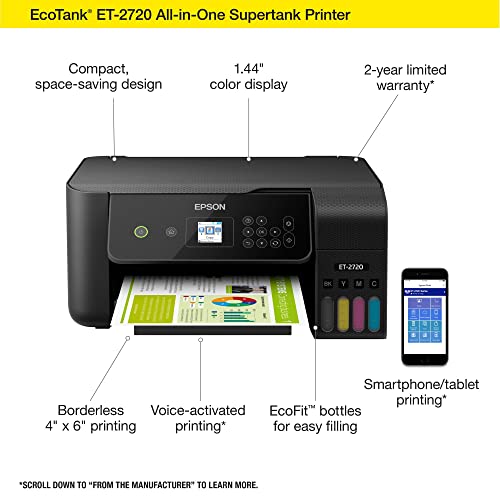 Epson EcoTank ET-2720 All-in-One Supertank Wireless Color Inkjet Printer for Home Office, Black - Print Scan Copy - 10.5 ppm, 5760 x 1440 dpi, Voice Activated, Borderless Photo Printing, Ethernet
