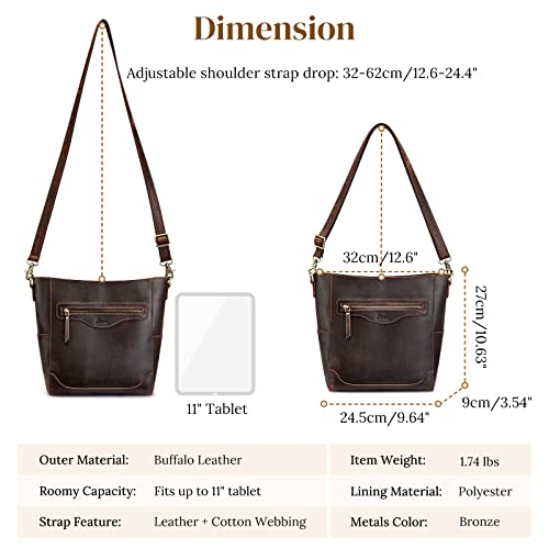 S-ZONE Women Genuine Leather Bucket Shoulder Bag Vintage Crossbody Purse with Outer Pocket