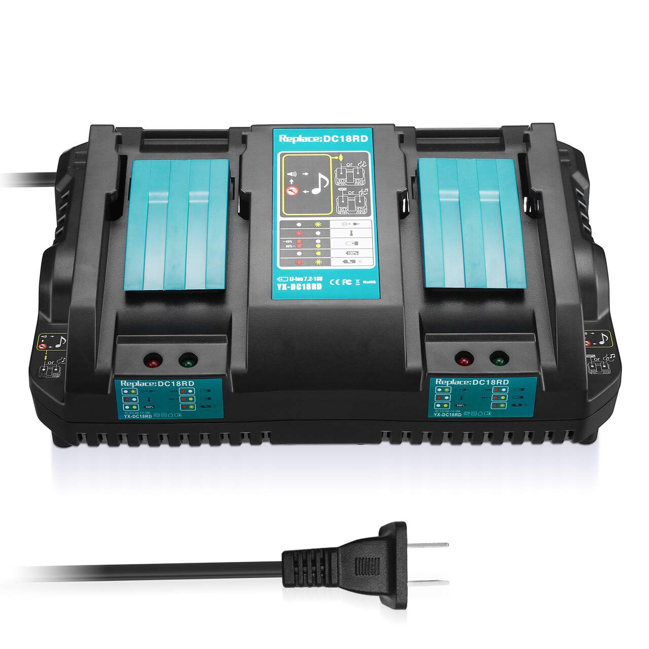 Powerextra DC18RD Dual Charger Compatible with Makita 14.4V 18V Lithium-Ion Battery, BL1415 BL1430 BL1440 BL1840 BL1850 BL1850B BL1860B etc, Replace DC18RD DC18RC DC18SF DC18RA DC18RF
