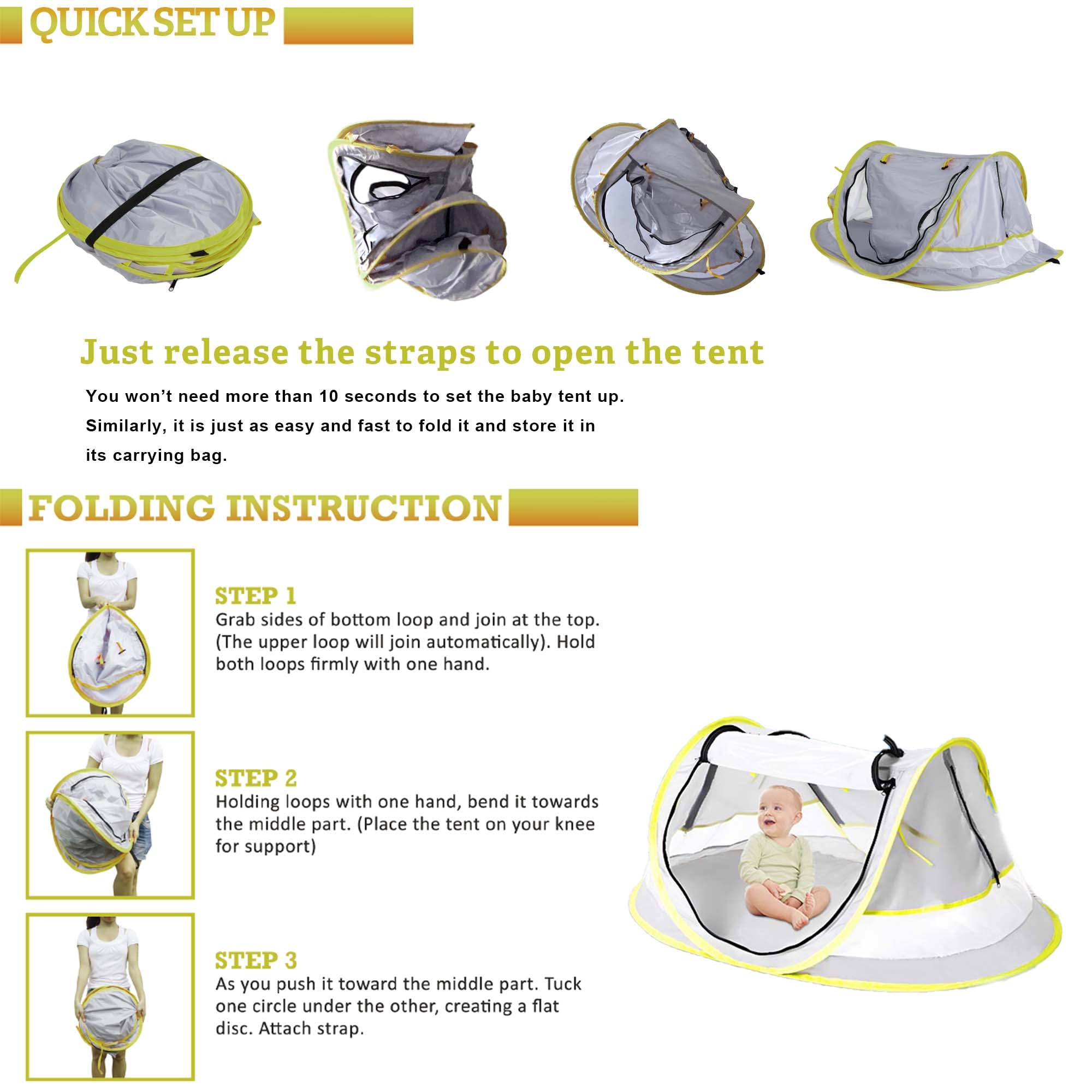 Green Pipe Baby Pop Up Tent - UPF 50+ Sun Shade with Mosquito Net, Beach Umbrella for Girls & Boys