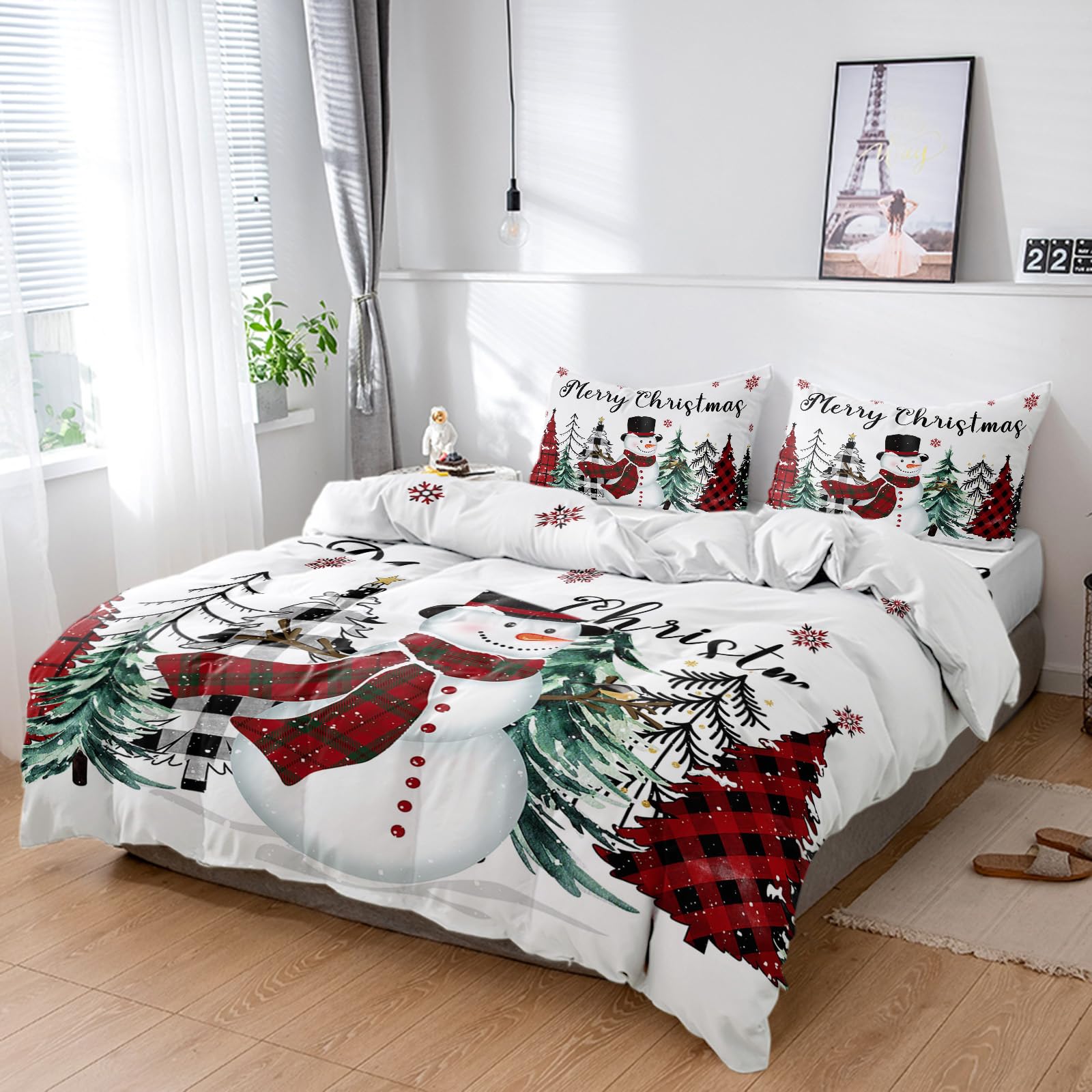 Merry Christmas Snowman Winter Snowflake Duvet Cover Sets 4 Piece Queen Ultra Soft Bed Quilt Cover Set for Kids/Teens/Women/Men,Plaid Xmas Tree Bedding Collection All Season Use