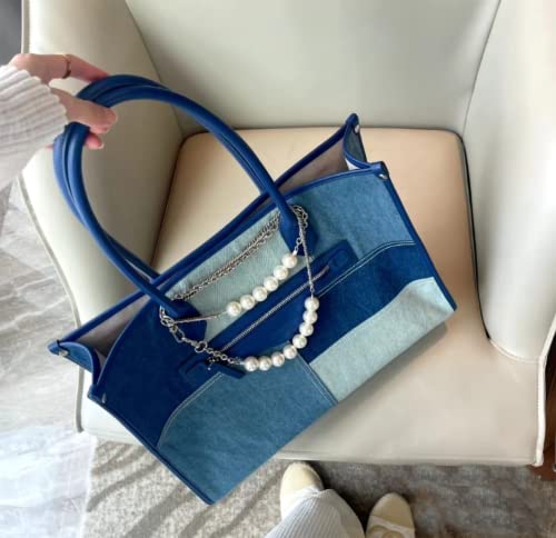 GLOD JORLEE Stylish Large Tote Bags for Women, Large Denim Shoulder Tote Handbags with a Small Denim Purses(Blue)