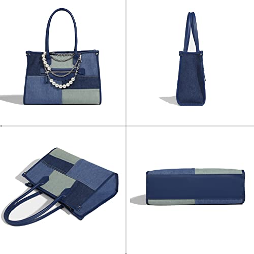 GLOD JORLEE Stylish Large Tote Bags for Women, Large Denim Shoulder Tote Handbags with a Small Denim Purses(Blue)