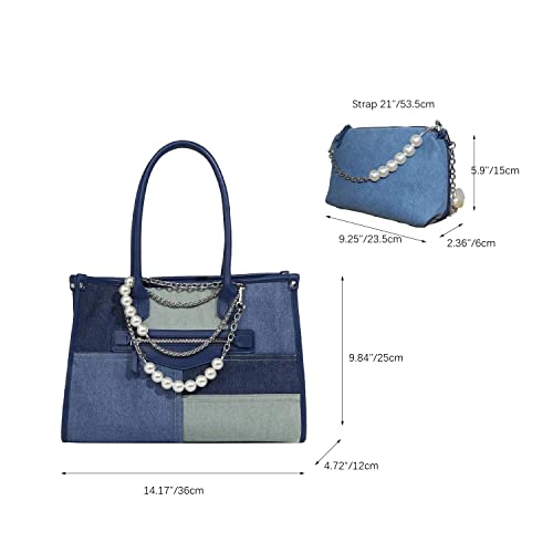 GLOD JORLEE Stylish Large Tote Bags for Women, Large Denim Shoulder Tote Handbags with a Small Denim Purses(Blue)