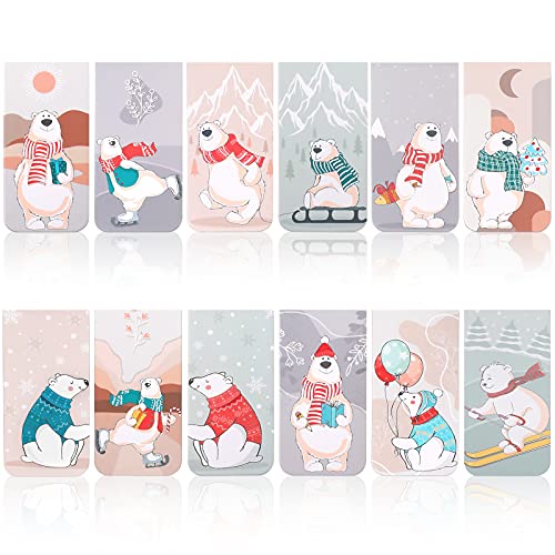 12 Pieces Christmas Magnetic Bookmarks Cute Bookmarks for Kids Magnet Page Clips Bookmark with Polar Bear Pattern Magnetic Page Markers for Kids Birthday Presents Classroom Prizes Students School