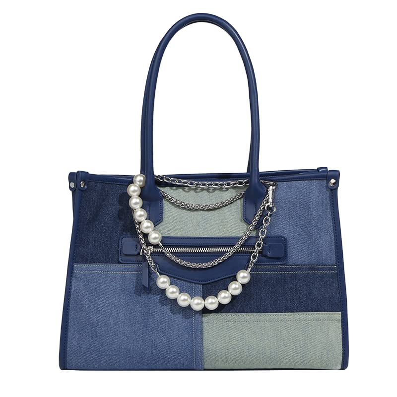 GLOD JORLEE Stylish Large Tote Bags for Women, Large Denim Shoulder Tote Handbags with a Small Denim Purses(Blue)