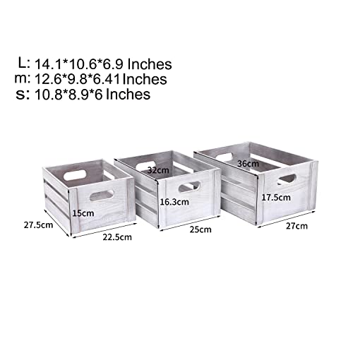 LKMANY Decorative Wood Crates Nesting Crates Storage Container,Nature Rustic White Set of 3