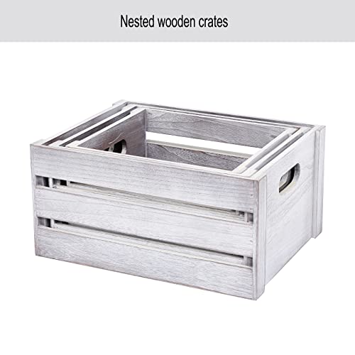 LKMANY Decorative Wood Crates Nesting Crates Storage Container,Nature Rustic White Set of 3
