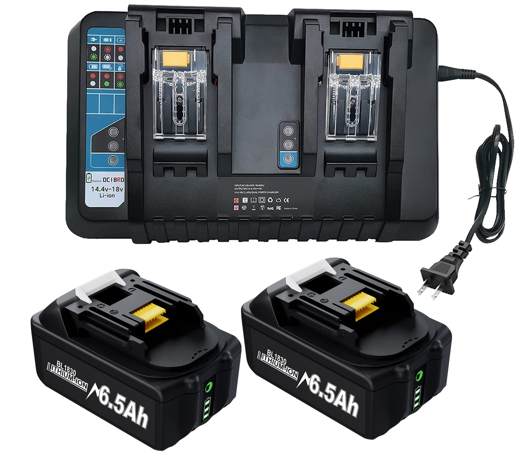 TURPOW 2 Packs 6.5 Ah Replacement for18V Battery & Double Rapid Charger Combo, Compatible with 18Volt Batteries BL1815 BL1830 BL1840 BL1850 BL1860 for LXT Lithium ion Cordless Tools
