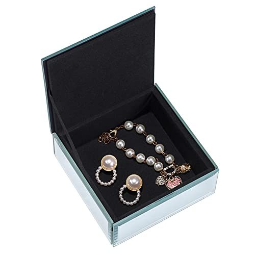 Hipiwe Silver Glass Mirrored Jewelry Box with Crystal Handle Square Trinket Organizer Treasure Chest Case Classic Keepsake Box for Storage Rings Earrings Necklace Bracele (Small, Silver)