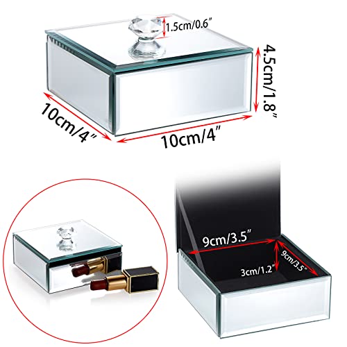 Hipiwe Silver Glass Mirrored Jewelry Box with Crystal Handle Square Trinket Organizer Treasure Chest Case Classic Keepsake Box for Storage Rings Earrings Necklace Bracele (Small, Silver)
