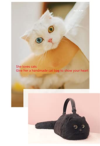 HUIJUFU Realistic Puffy Plush Cat Shaped Crossbody Handbag for Women (Black Cat)
