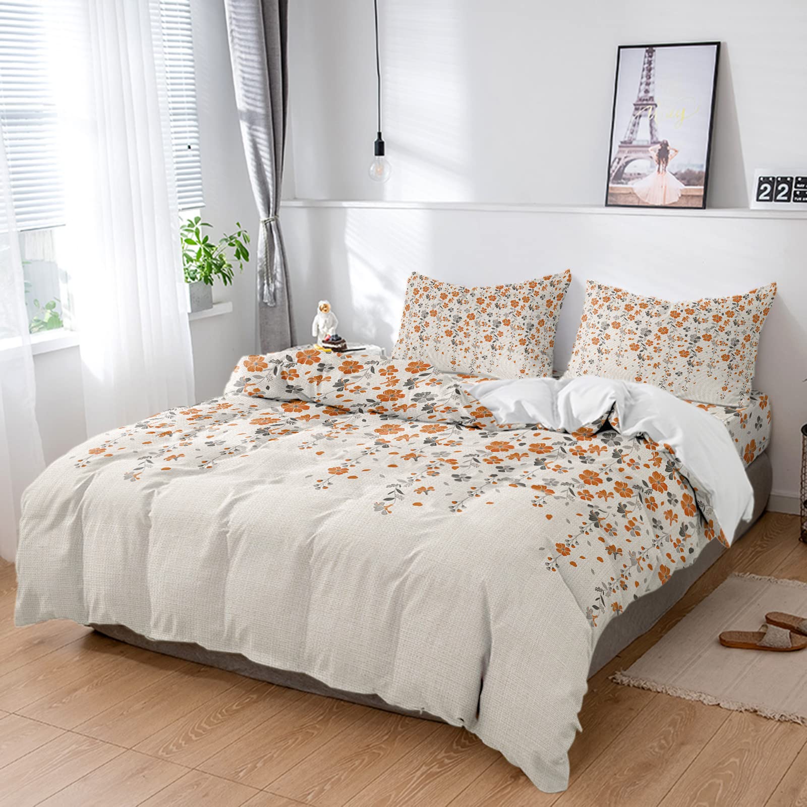 Orange Floral Fall Vines Vintage Linen Duvet Cover Sets 4 Piece Queen Ultra Soft Bed Quilt Cover Set for Kids/Teens/Women/Men,Autumn Flower Leaves Bedding Collection All Season Use