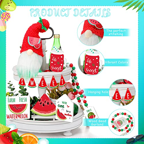 11 Pieces Watermelon Tiered Tray Decor Watermelon Wooden Kitchen Signs Watermelon Gnome Banner Beaded Garland Decor Set My Happy Summer Decor for Summer Fall Rustic Decor (Red)