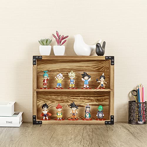 MyGift Wall Mounted Solid Burnt Brown Wood 2 Tier Display Shelf, Collectible Figurines and Memorabilia Collection Storage Shadow Box with Black Metal Bracket Accent