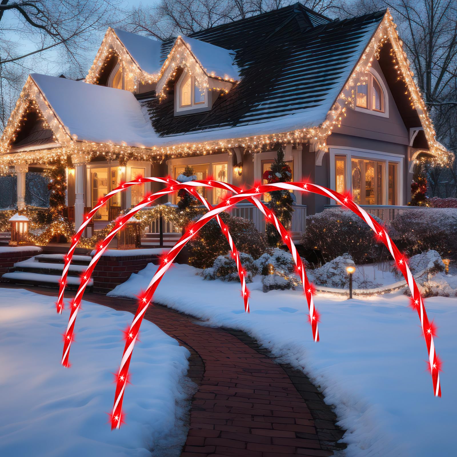 VIHOSE 10ft Christmas Candy Light Arch LED Christmas Outdoor Arches Decor with Flasher Modes Xmas Candy Cane Pathway Markers Lights for Holiday Wedding Yard Lawn Decor(3,Red White)