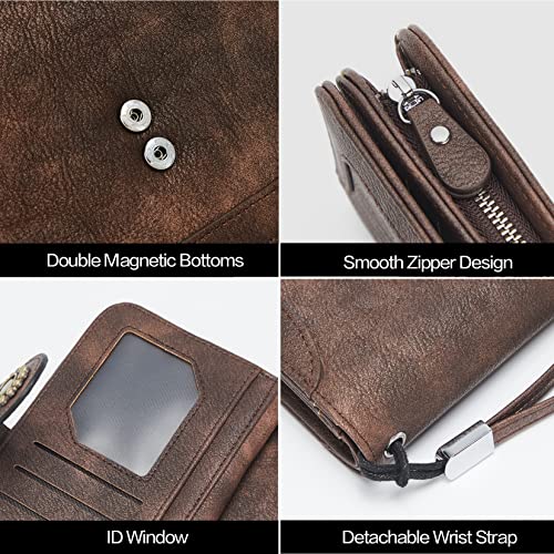 BROMEN Leather Wallets for Women RFID Blocking Large Capacity Credit Card Holder Clutch Purse Wristlet Coffee