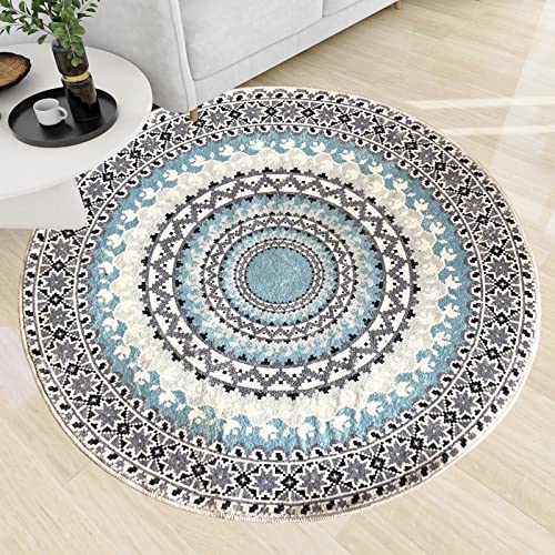 Luxury Faux Fur Boho Round Area Rug,Silky Imitation Sheepskin Stain Resistant Free Modern Contemporary Transitional Ultra Soft Living Dining Room Bedroom Carpet 4'x4' Round Blue / Multi