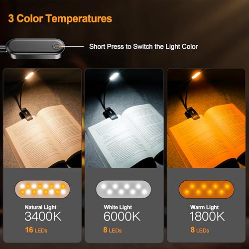 Gritin 16 LED Rechargeable Book Light for Reading in Bed- Eye Caring 3 Color Temperatures, Stepless Dimming Brightness, 80 Hrs Runtime, Lightweight Flexible Clip on Light for Book Lovers