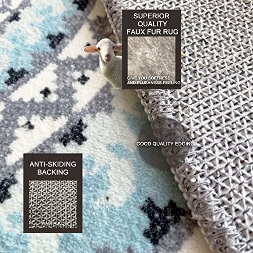 Luxury Faux Fur Boho Round Area Rug,Silky Imitation Sheepskin Stain Resistant Free Modern Contemporary Transitional Ultra Soft Living Dining Room Bedroom Carpet 4'x4' Round Blue / Multi