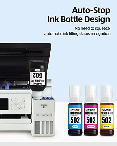 FASTINK Compatible 502 High Capacity Ink Bottles,Replacement for Epson 502 Ink Refill Bottles,Work with Ecotank ET-2760, ET-3760, ET-2750, ET-4750,ET-4760 ET-2850 ET-3830 ET-3850 Printer