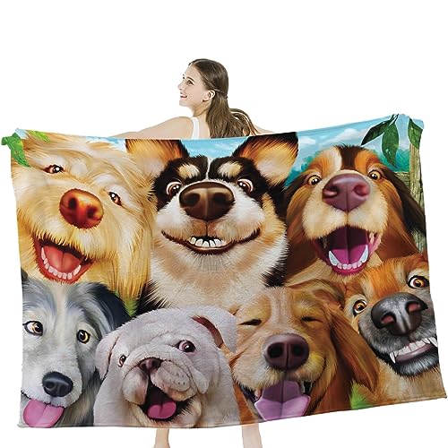 Cartoon Selfie Dog Fleece Blanket for Bed, 40"x30" Puppy Fleece Throw Blanket for Women, Men and Kids - Super Soft Plush Dog Blanket Throw Plush Blanket for Dog Lovers