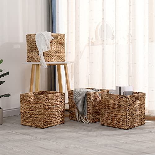 JCLD&YO9 Foldable Handwoven Water Hyacinth Storage Baskets Wicker Cube Baskets Rectangular Laundry Organizer Totes,Set of 4 Pcs,12x12x12inch