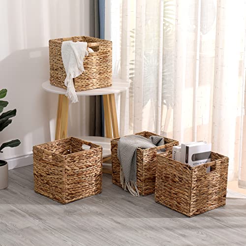 JCLD&YO9 Foldable Handwoven Water Hyacinth Storage Baskets Wicker Cube Baskets Rectangular Laundry Organizer Totes,Set of 4 Pcs,12x12x12inch