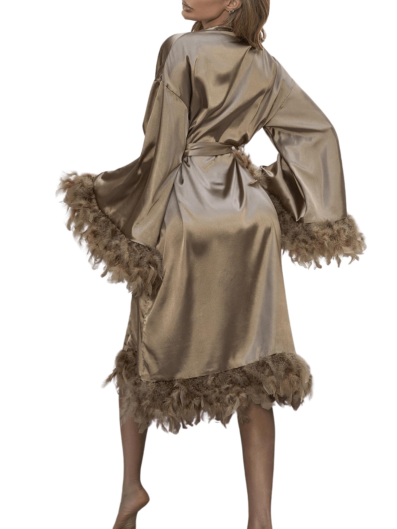 WDIRARA Women's Long Sleeve Satin Fuzzy Trim Robe Bridesmaid Robe Wedding Party Robe Bronze M