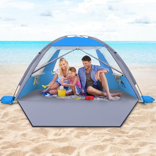 Happy Travel Beach Tent Sun Shelter for 3/4/5/6/7/8 Person, Portable UPF 50+ UV Protection Beach Shade Canopy for Family & Baby, Lightweight & Easy Setup Beach Cabana with 3 Ventilation Mesh Windows