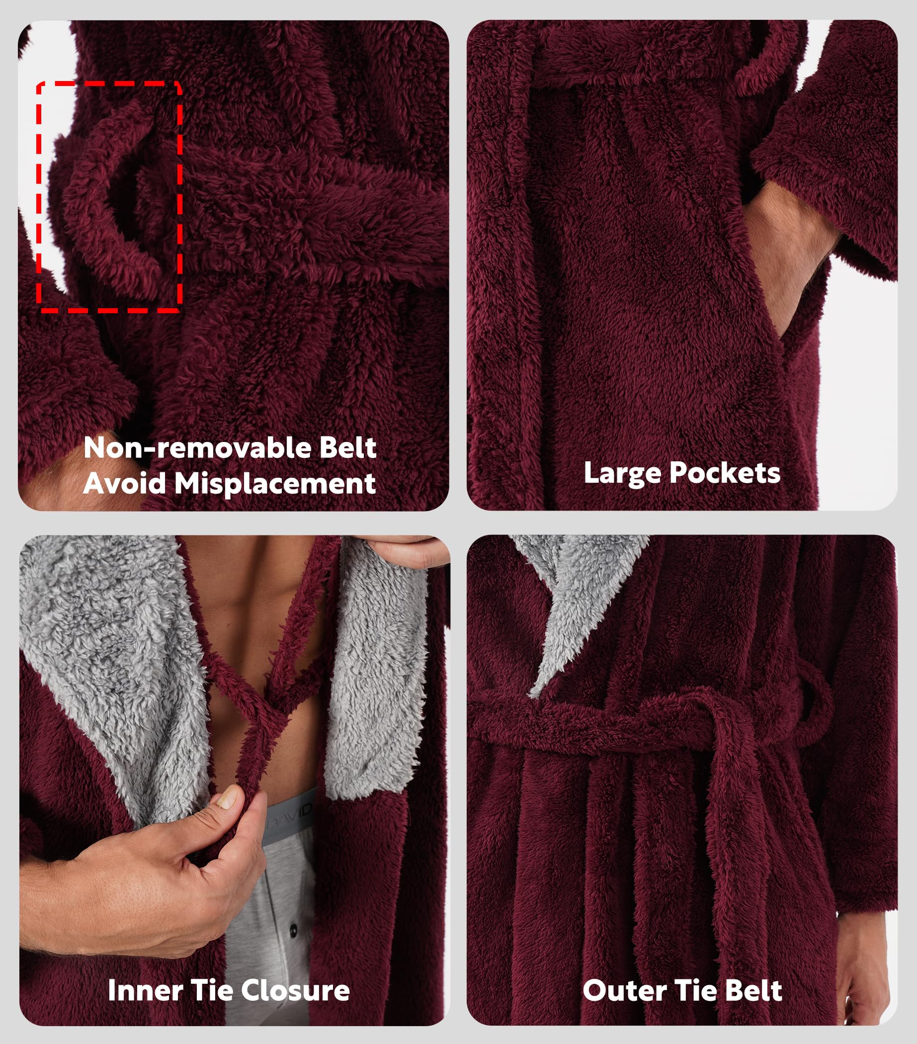 DAVID ARCHY Men's Soft Plush Fleece Robe Full Length Hooded Long Bathrobe for Men with Hood (L, Red- Shu Velveteen)
