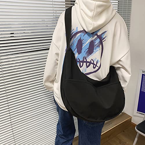 GAI Dumpling Bag Hobo Bags Unisex Canvas Crossbody Tote Large Handbags Student Shoulder Bag (Black)