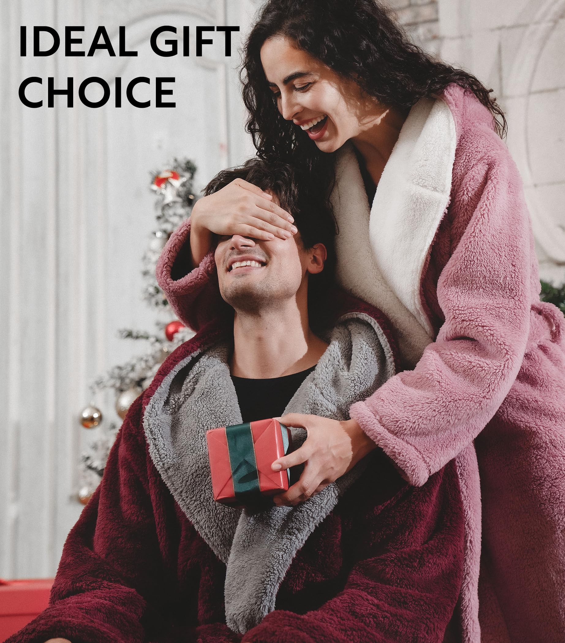 DAVID ARCHY Men's Soft Plush Fleece Robe Full Length Hooded Long Bathrobe for Men with Hood (L, Red- Shu Velveteen)