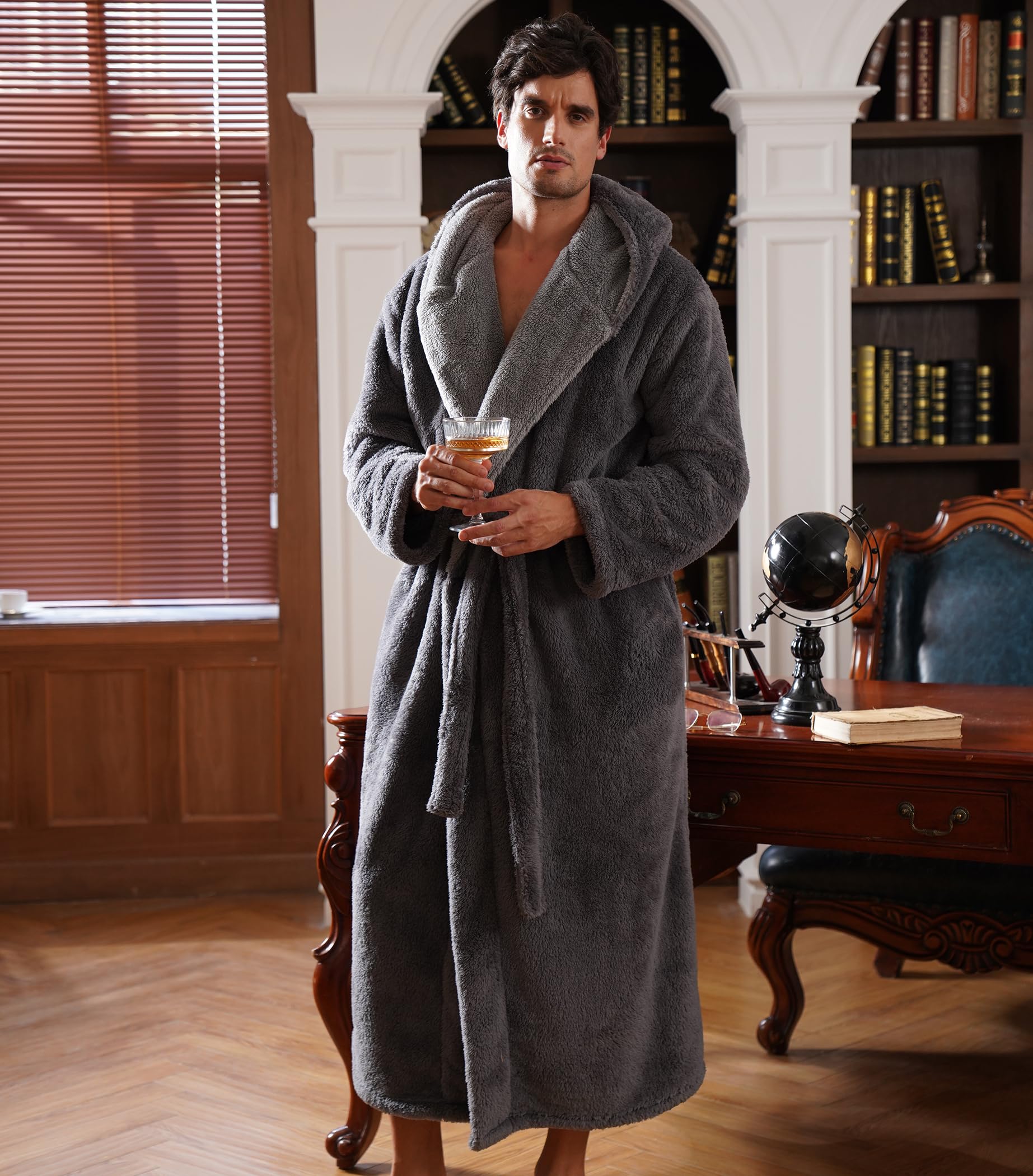DAVID ARCHY Men's Soft Plush Fleece Robe Full Length Hooded Long Bathrobe for Men with Hood (L, Red- Shu Velveteen)